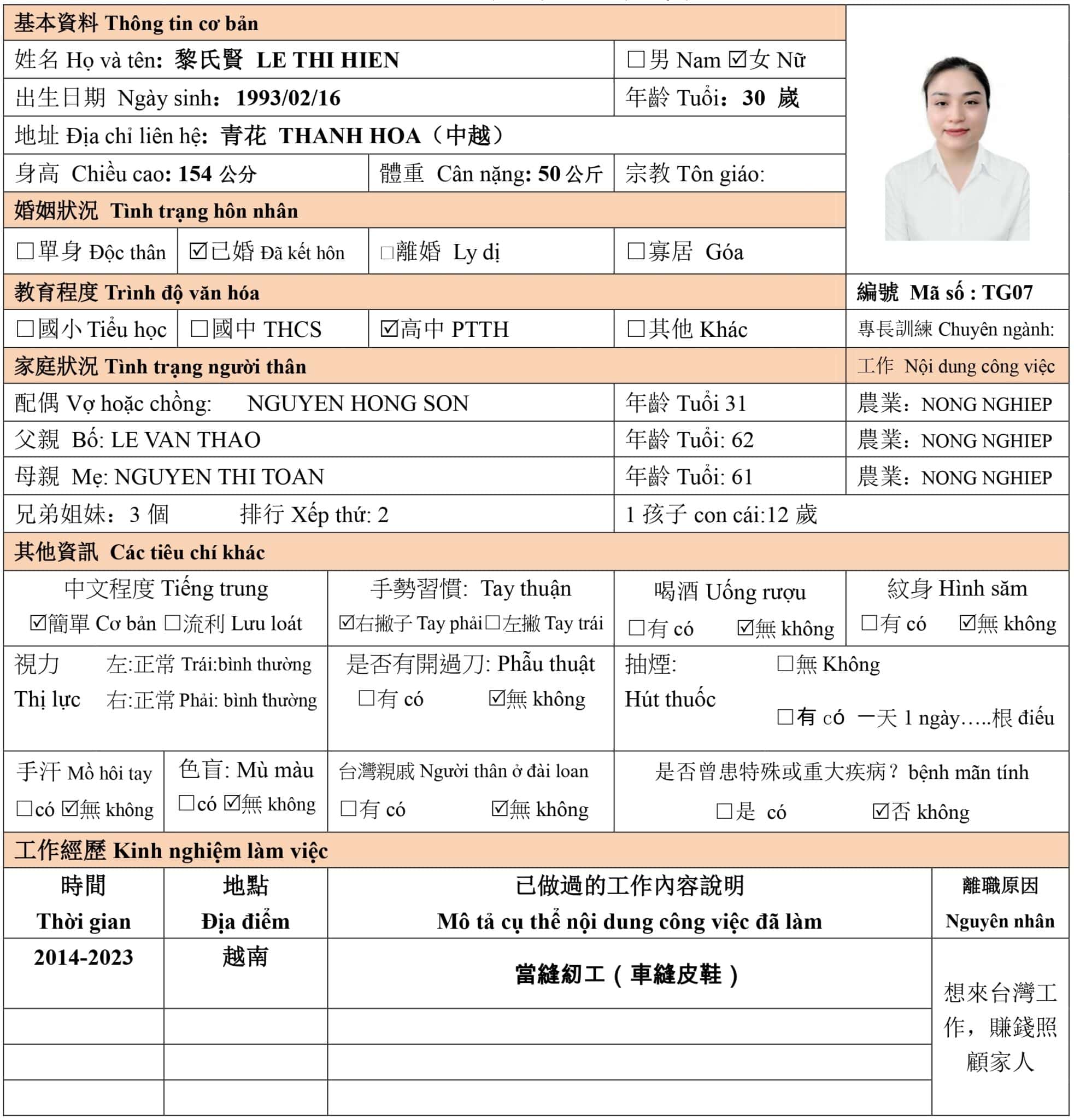 LE THI HIEN(越南) - 21世紀全球外勞集團